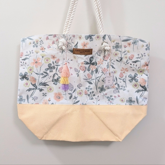 Laura Ashley | Bags | Laura Ashley Floral Beach Tote Bag Tassel Nwt ...